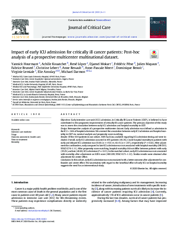 (PDF) Impact of early ICU admission for critically ill cancer patients ...