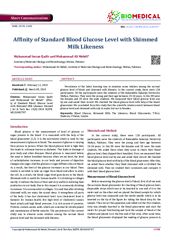 (PDF) Affinity of Standard Blood Glucose Level with Skimmed Milk Likeness