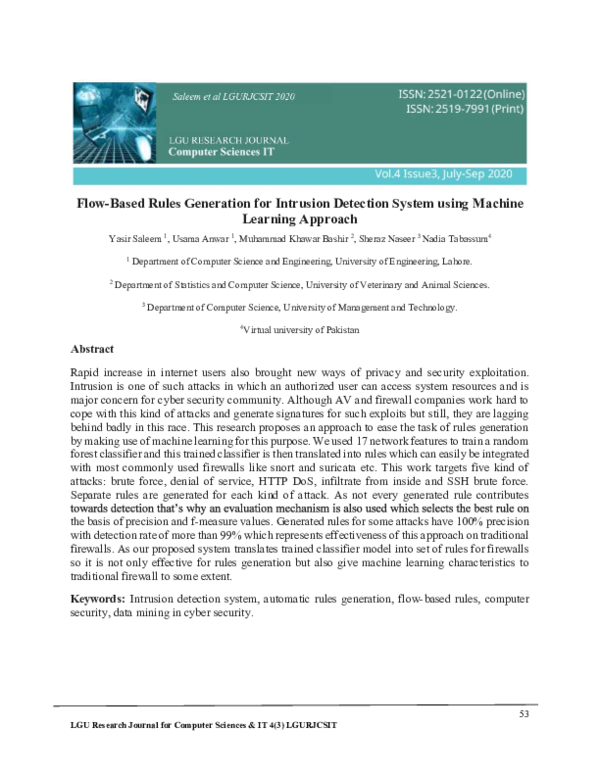 (PDF) Flow-Based Rules Generation for Intrusion Detection System using Machine Learning Approach