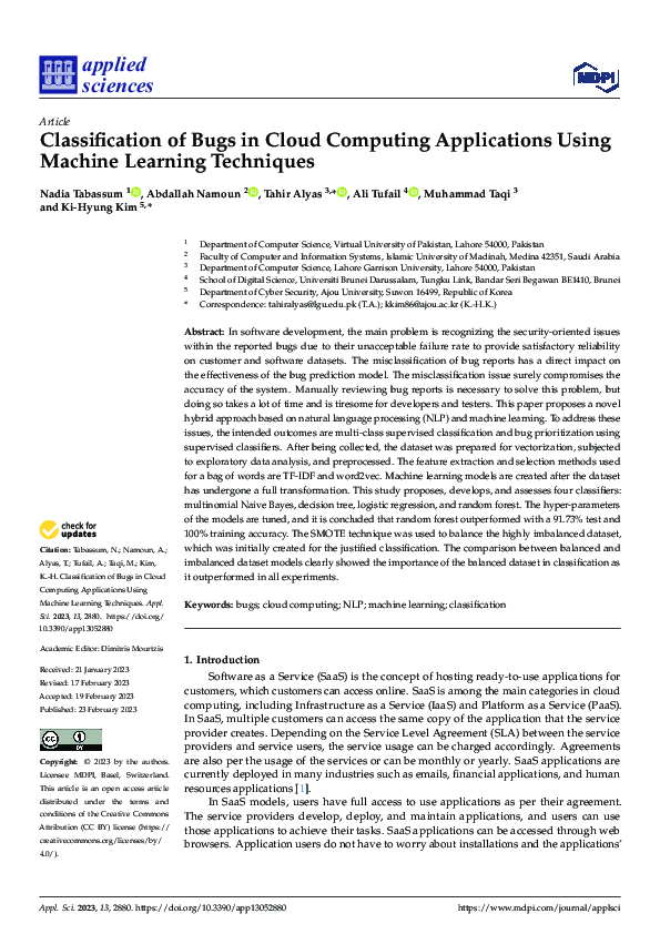 (PDF) Classification of Bugs in Cloud Computing Applications Using Machine Learning Techniques
