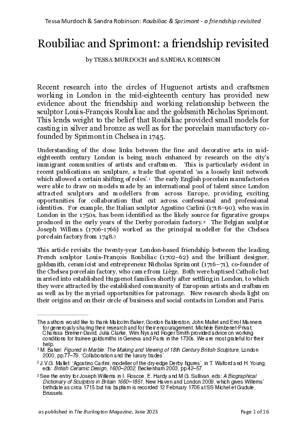 (PDF) Louis-François Roubiliac and Nicholas Sprimont: a friendship ...