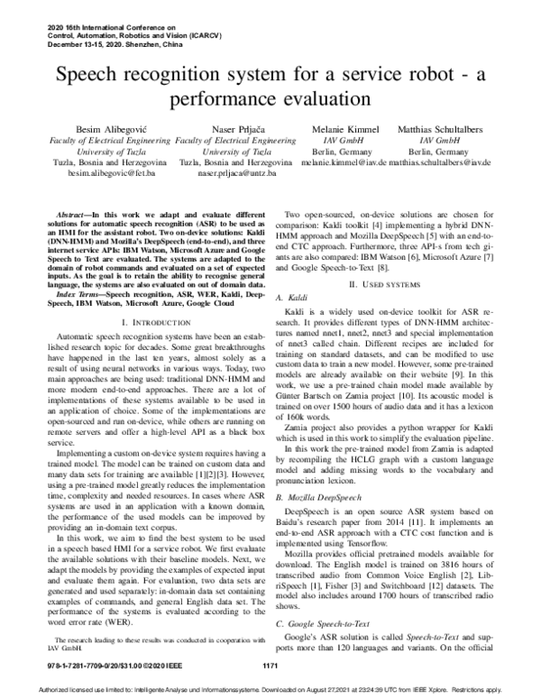 (PDF) Speech recognition system for a service robot -a performance evaluation