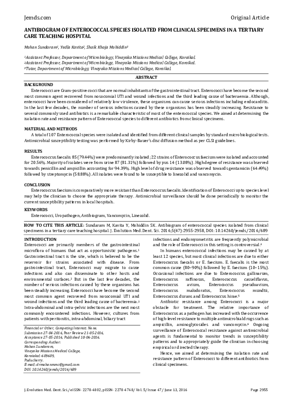 (PDF) Antibiogram of Enterococcal Species Isolated from Clinical ...