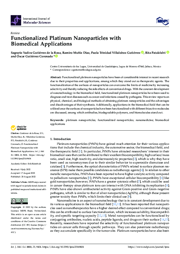(PDF) Functionalized Platinum Nanoparticles with Biomedical Applications