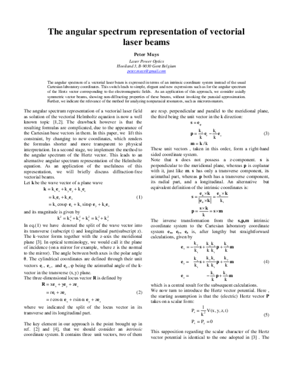 (PDF) Tha angular spectrum representation of vectorial laser beams