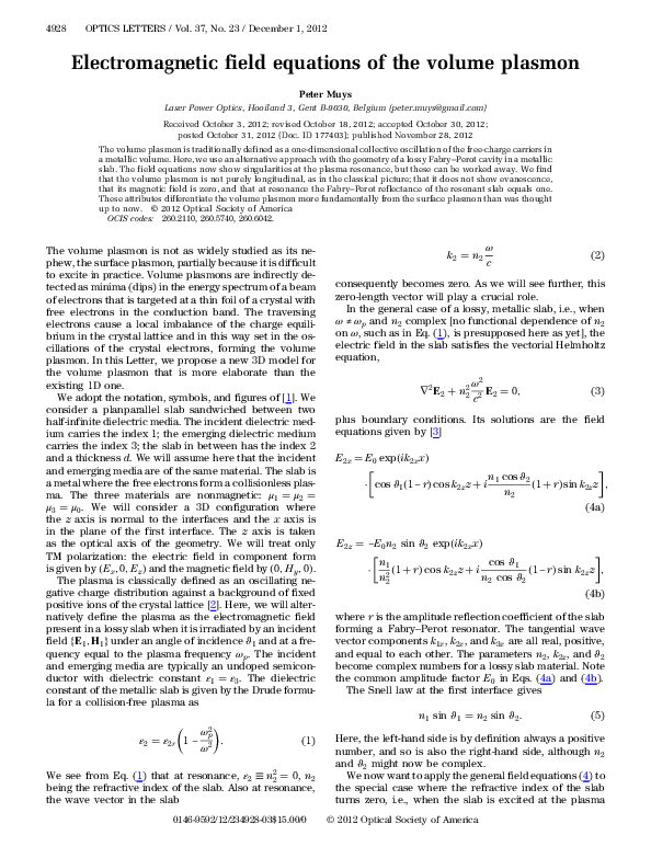 (PDF) Electromagnetic field equations of the volume plasmon