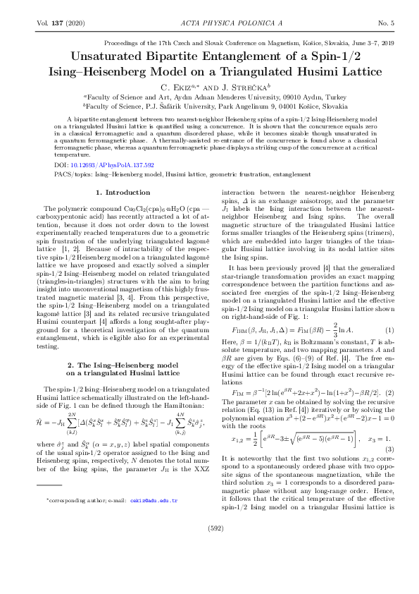 (PDF) Unsaturated Bipartite Entanglement of a Spin-1/2 Ising-Heisenberg Model on a Triangulated ...