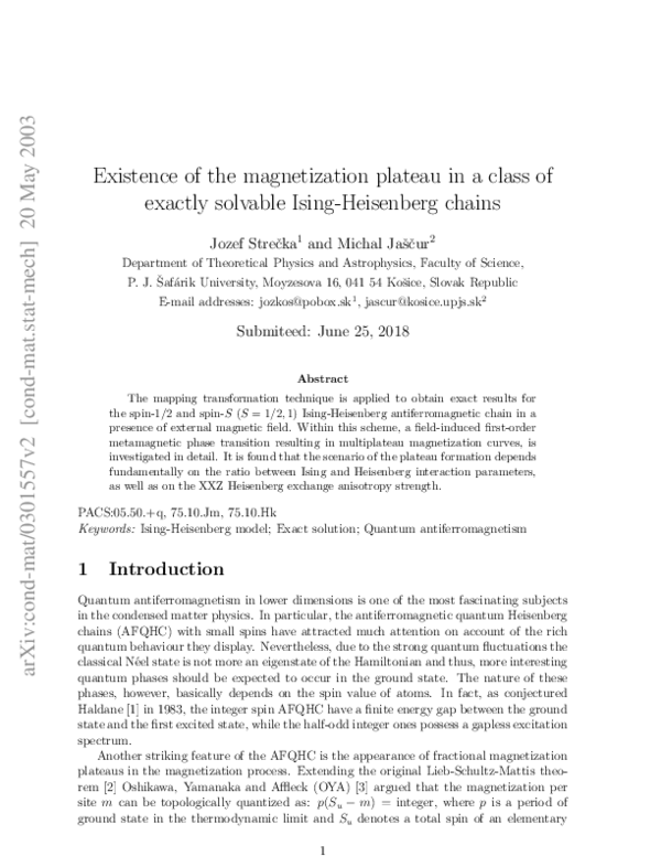 (PDF) Existence of a magnetization plateau in a class of exactly ...