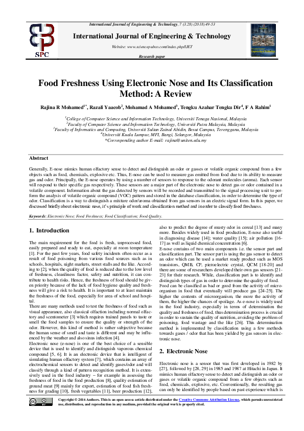 (PDF) Food Freshness Using Electronic Nose and Its Classification Method: A Review
