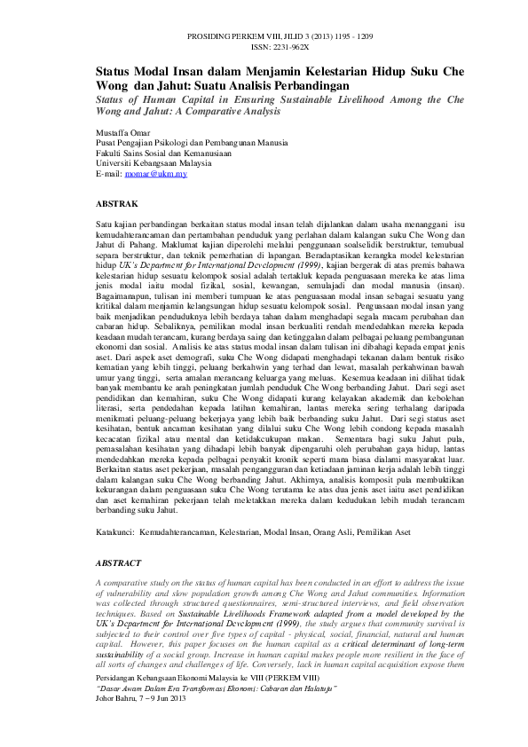 (PDF) Status Modal Insan dalam Menjamin Kelestarian Hidup Suku Che Wong ...