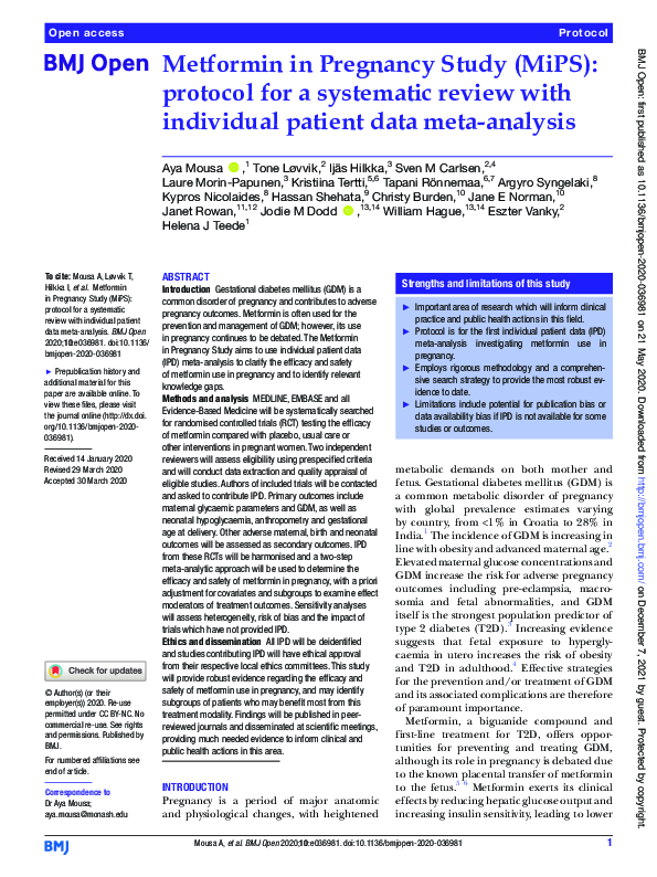 (PDF) Metformin in Pregnancy Study (MiPS): protocol for a systematic review with individual ...
