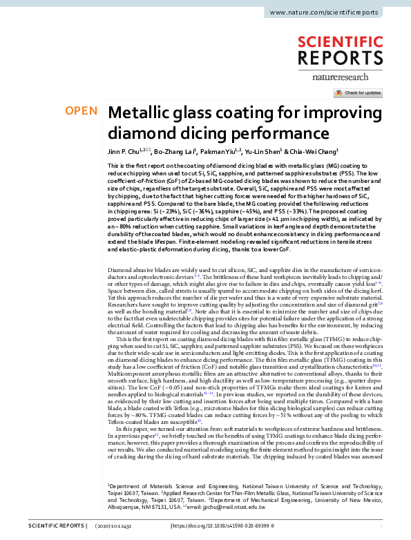 (PDF) Metallic glass coating for improving diamond dicing performance