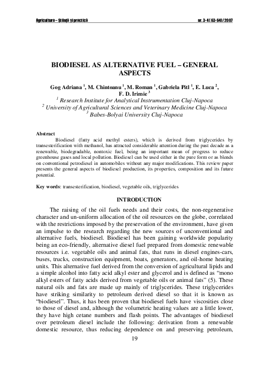 (PDF) Biodiesel as alternative fuel - general aspects