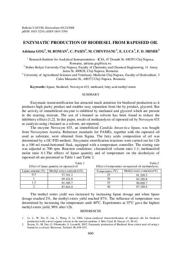 (PDF) Enzymatic Production of Biodiesel from Rapeseed Oil | Florin Dan ...