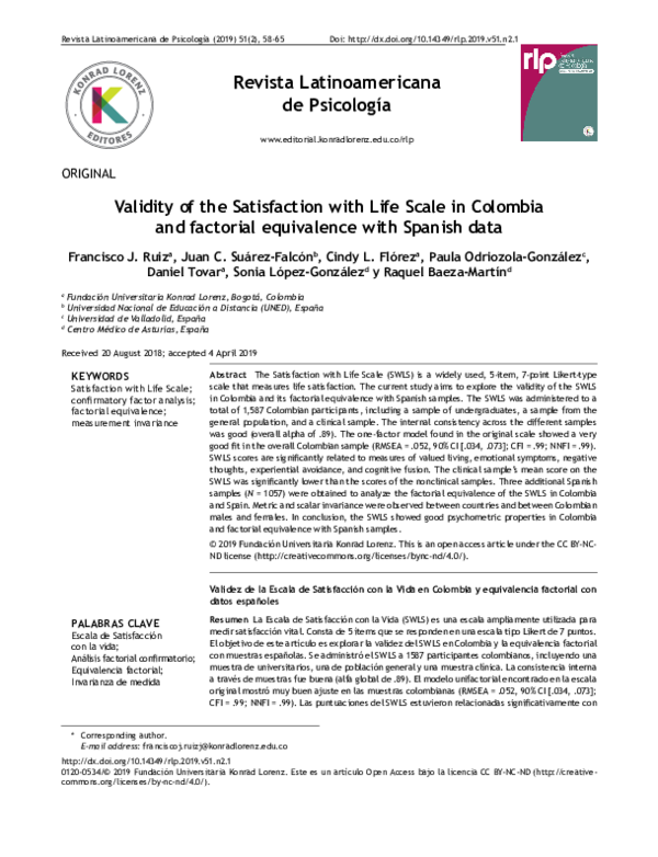 (PDF) Validity of the Satisfaction with Life Scale in Colombia and factorial equivalence with ...