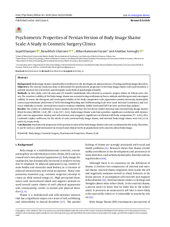 (PDF) Psychometric Properties of Persian Version of Body Image Shame Scale: A Study in Cosmetic ...