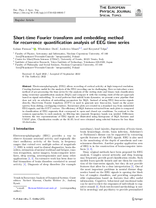 (PDF) Short-time Fourier transform and embedding method for recurrence ...
