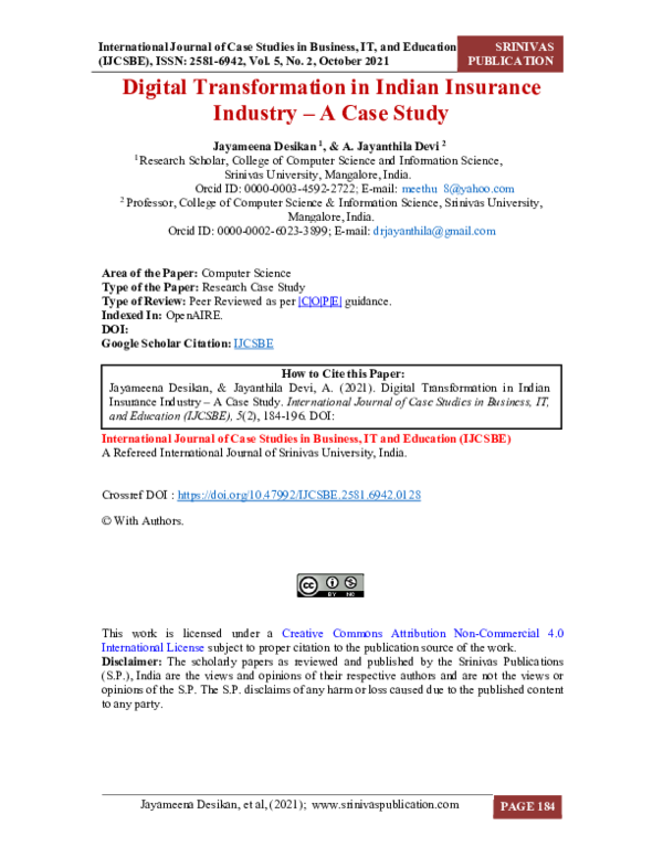 (PDF) Digital Transformation in Indian Insurance Industry – A Case Study