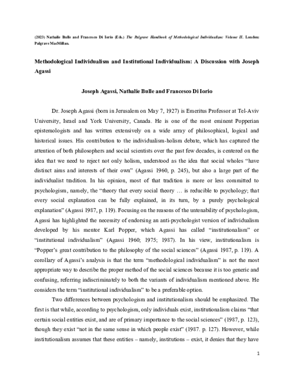 (DOC) Methodological Individualism and Institutional Individualism: A Discussion with Joseph Agassi