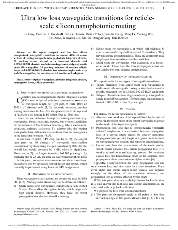 (PDF) Ultra Low Loss Waveguide Transitions for Reticle-Scale Silicon Nanophotonic Routing