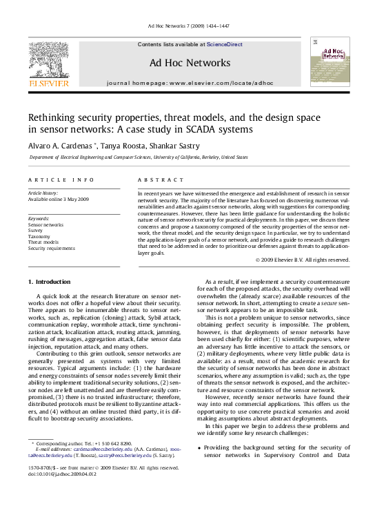 (PDF) Rethinking security properties, threat models, and the design space in sensor networks: A ...