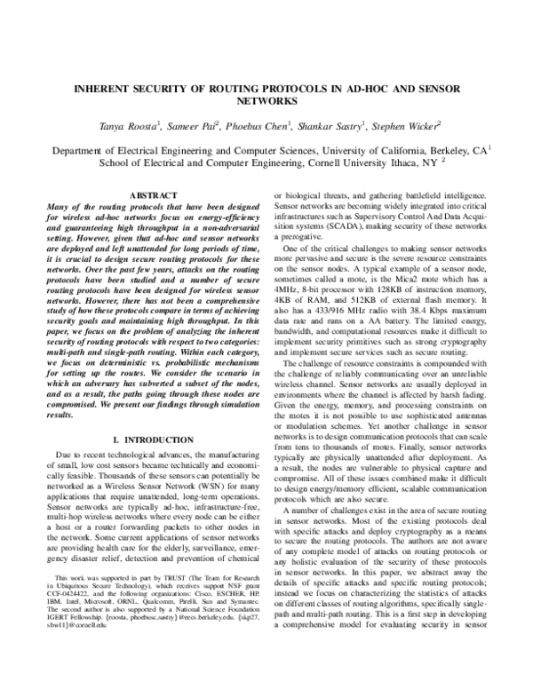 Pdf Inherent Security Of Routing Protocols In Ad Hoc And Sensor Networks Tanya Roosta