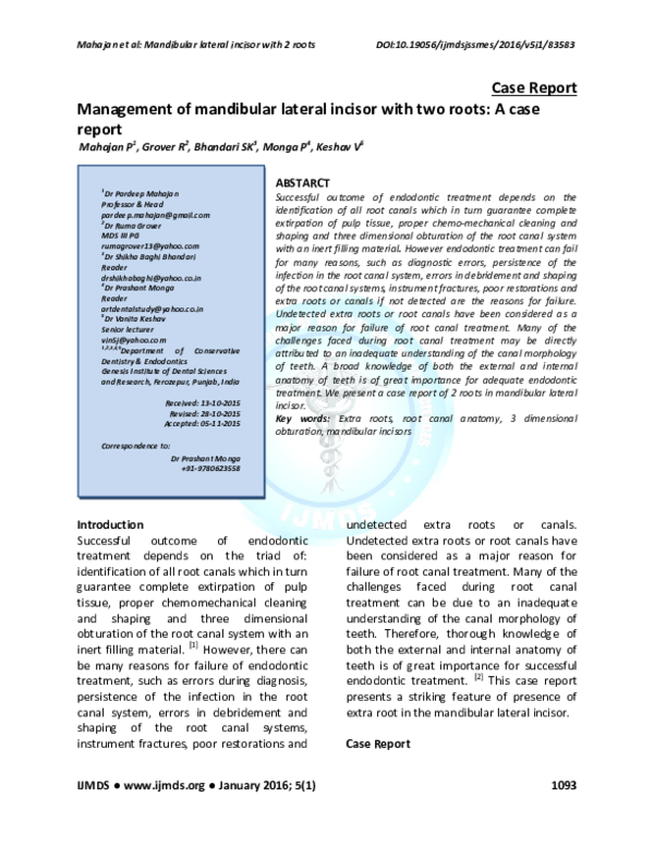 (PDF) Management of mandibular lateral incisor with two roots: A case ...