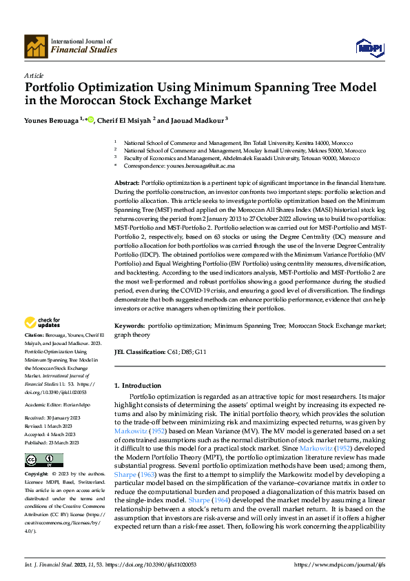 (PDF) Portfolio Optimization Using Minimum Spanning Tree Model in the Moroccan Stock Exchange Market