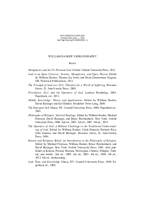 (PDF) William Hasker’s Bibliography