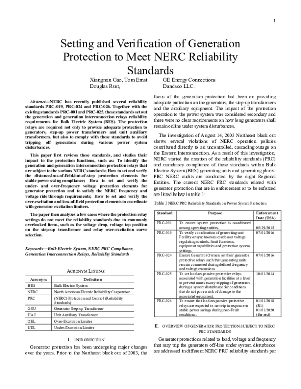 (PDF) Setting and verification of generation protection to meet NERC ...