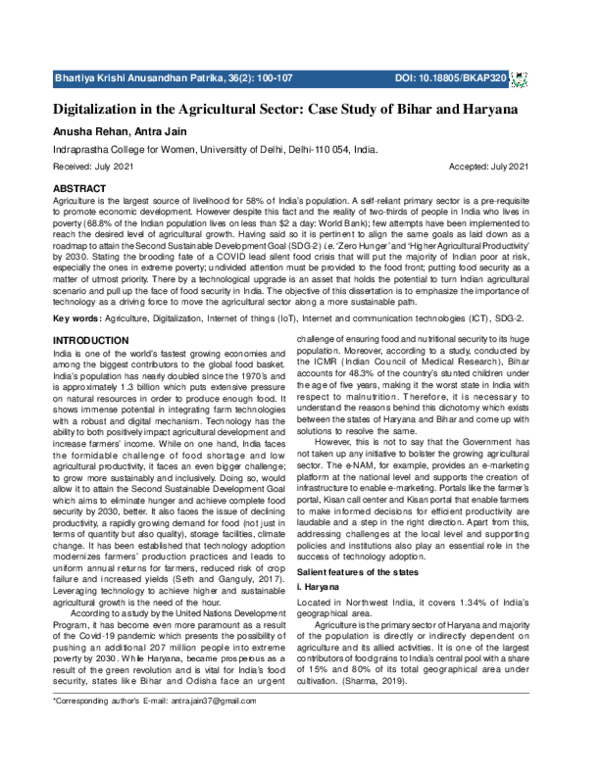 (PDF) Digitalization in the Agricultural Sector: Case Study of Bihar and Haryana