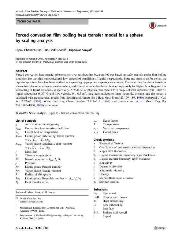 (PDF) Forced convection film boiling heat transfer model for a sphere by scaling analysis