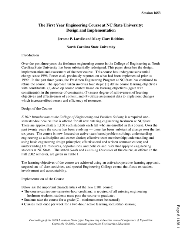 (PDF) The First Year Engineering Course At Nc State University: Design ...