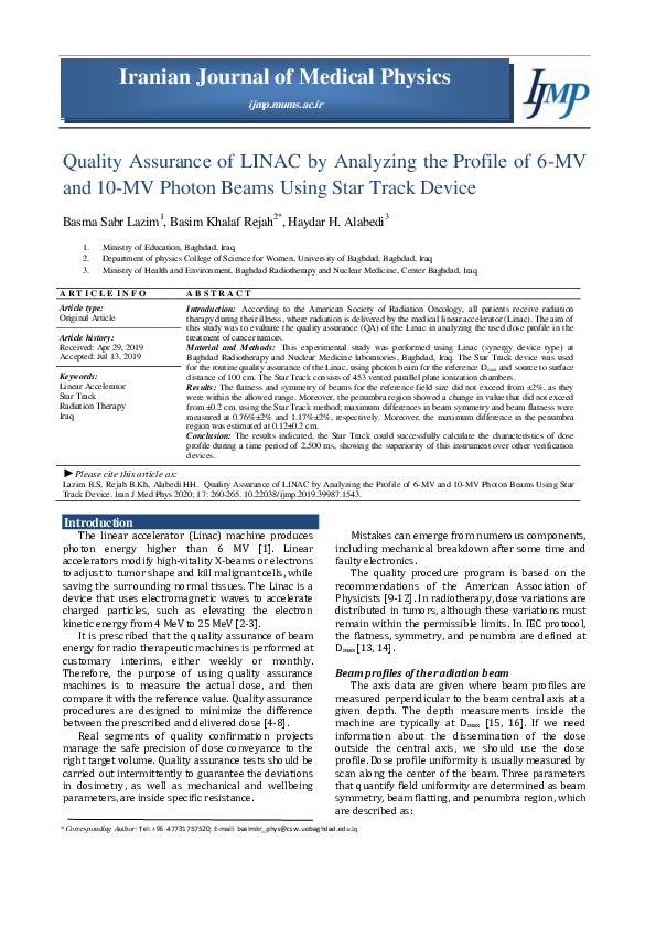 (PDF) Quality Assurance of LINAC by Analyzing the Profile of 6-MV and 10-MV Photon Beams Using ...