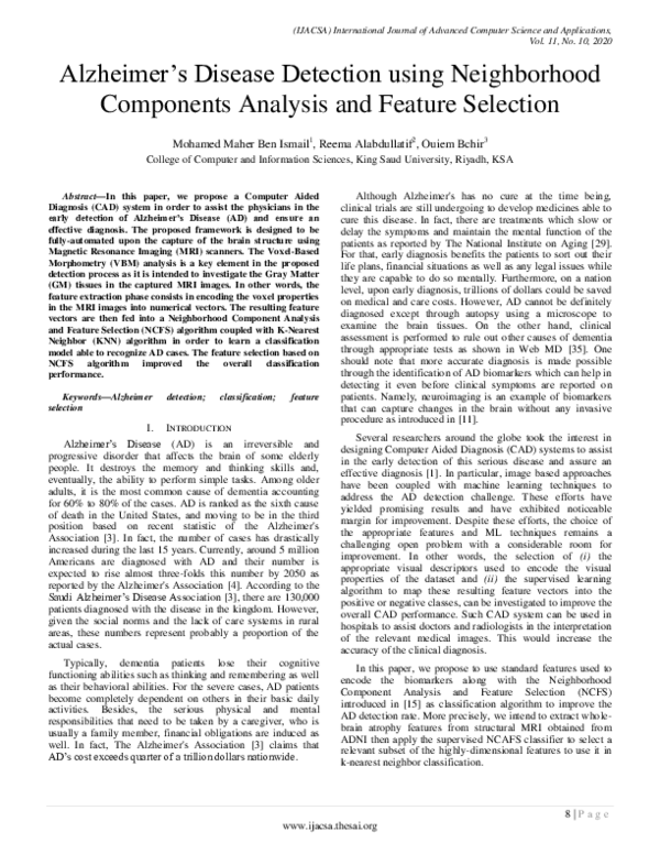 (PDF) Alzheimer’s Disease Detection using Neighborhood Components Analysis and Feature Selection