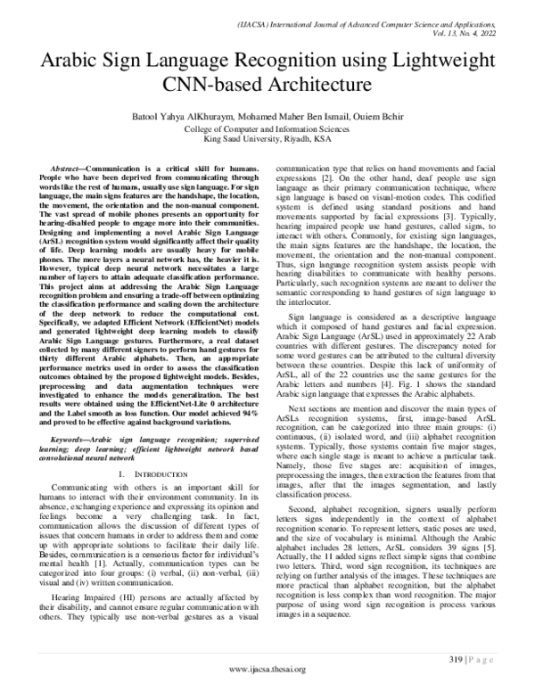 (PDF) Arabic Sign Language Recognition using Lightweight CNN-based Architecture