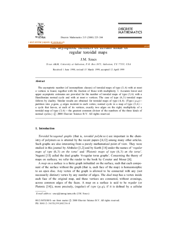 (PDF) The asymptotic numbers of certain kinds of regular toroidal maps