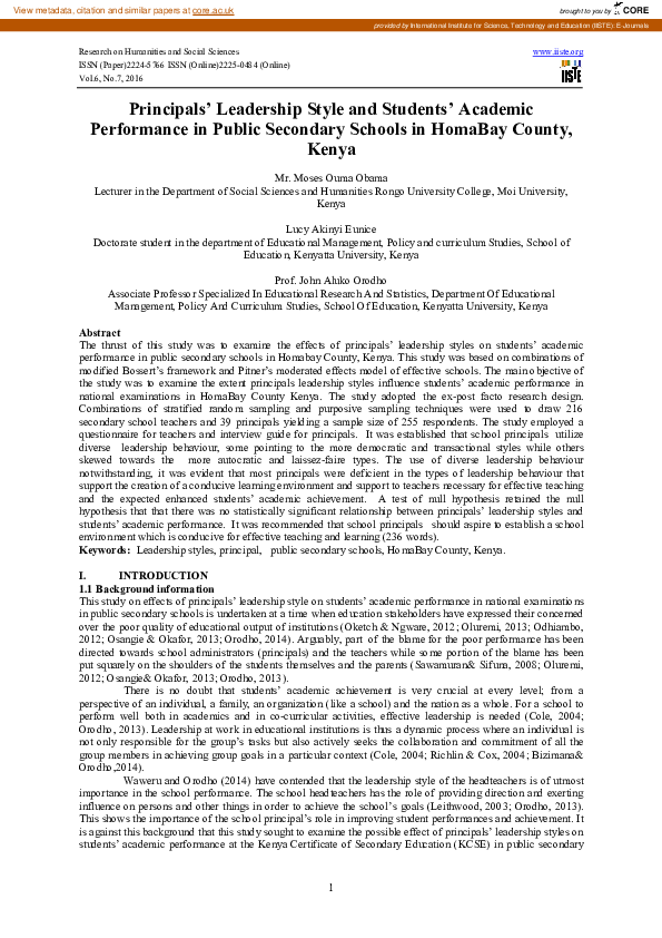(PDF) Principals' Leadership Style and Students' Academic Performance ...