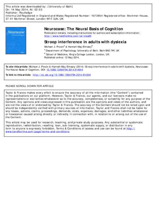 (PDF) Stroop interference in adults with dyslexia | Michael Proulx - Academia.edu
