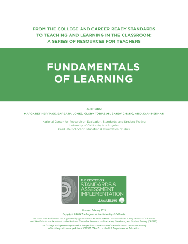 Fundamentals of Learning. From the College and Career Ready Standards ...