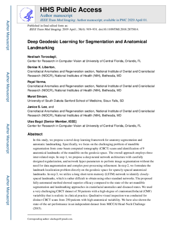 (PDF) Deep Geodesic Learning for Segmentation and Anatomical Landmarking