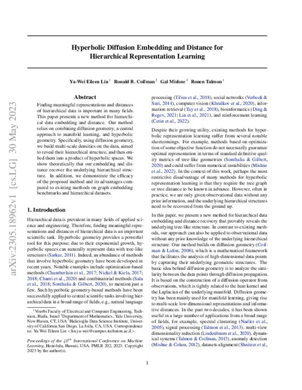 (PDF) Hyperbolic Diffusion Embedding and Distance for Hierarchical Representation Learning