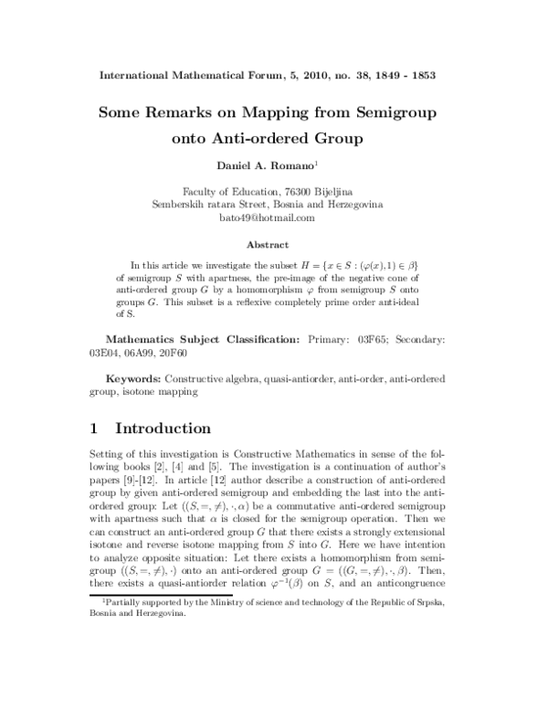 (PDF) Some Remarks on Mapping from Semigroup onto Anti-ordered Group