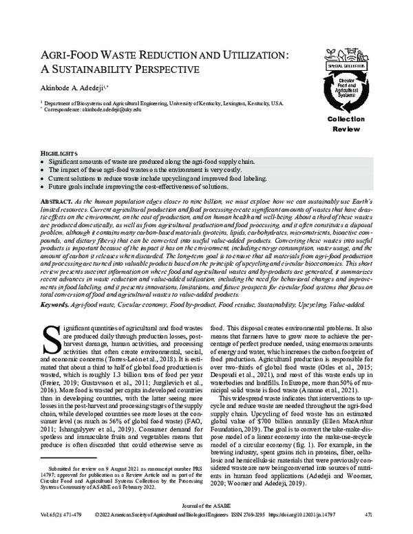 (PDF) Agri-Food Waste Reduction and Utilization: A Sustainability ...