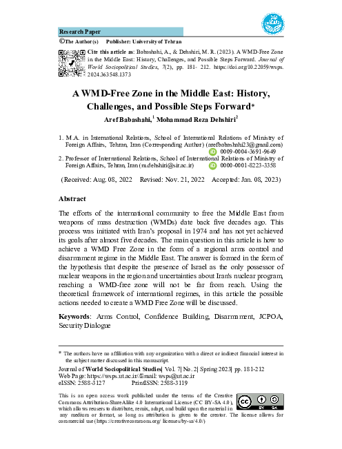 (PDF) A WMD-Free Zone in the Middle East: History, Challenges, and Possible Steps Forward