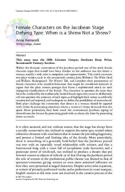 (PDF) Female Characters on the Jacobean Stage Defying Type: When is a ...
