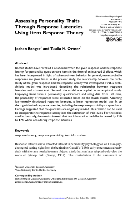 (PDF) Assessing Personality Traits Through Response Latencies Using Item Response Theory