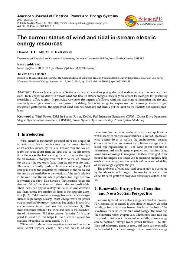 (PDF) The Current Status of Wind and Tidal in-Stream Electric Energy ...