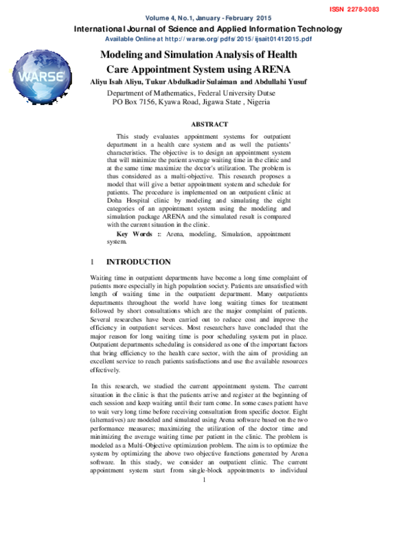 (PDF) Modeling and Simulation Analysis of Health Care Appointment System using ARENA