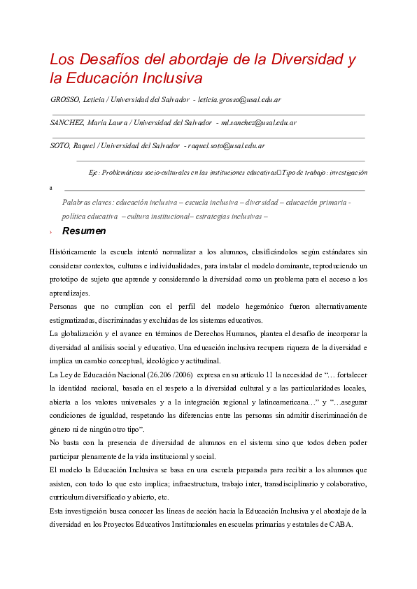 (PDF) Los Desafíos del abordaje de la Diversidad y la Educación Inclusiva